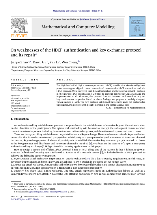 (PDF) On weaknesses of the HDCP authentication and key exchange protocol and its repair