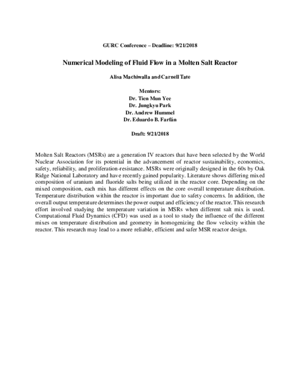 (PDF) Numerical Modeling of Fluid Flow in a Molten Salt Reactor