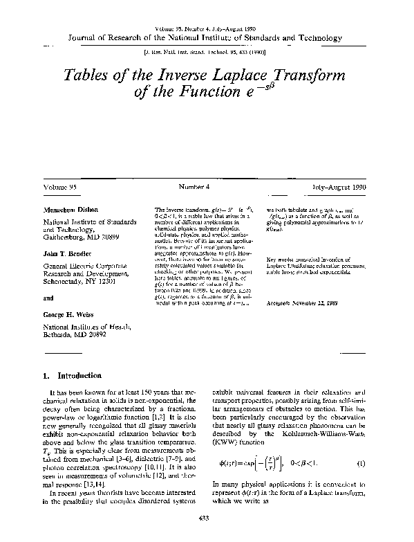 (PDF) Tables of the inverse Laplace transform of the function e -S-Beta