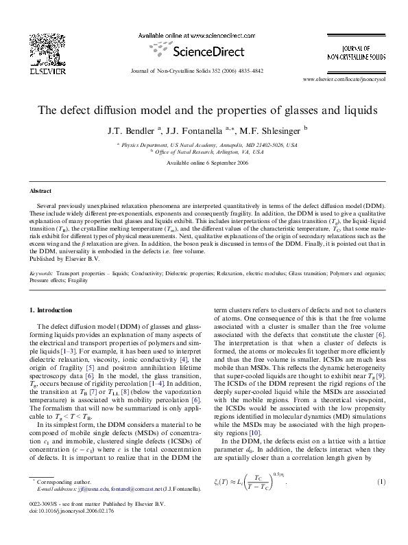 (PDF) The defect diffusion model and the properties of glasses and liquids
