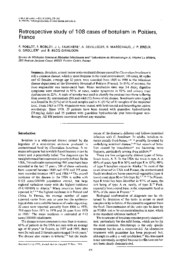 (PDF) Retrospective study of 108 cases of botulism in Poitiers, France