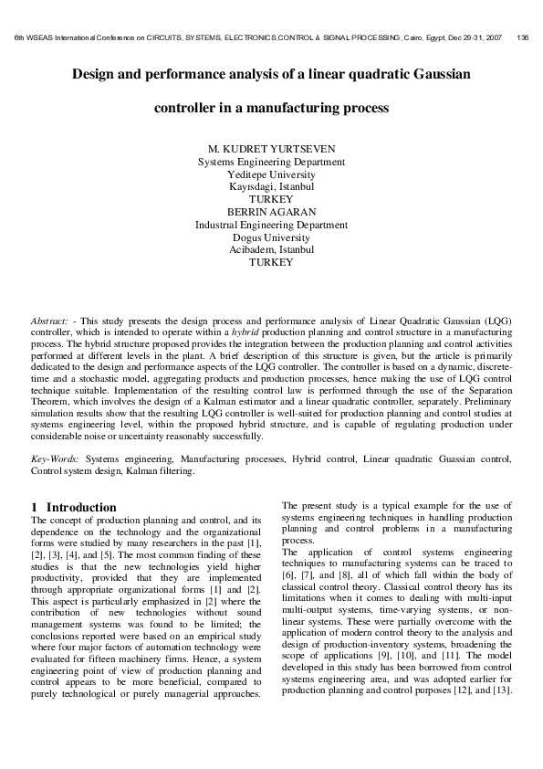 (PDF) Design of a linear quadratic Gaussian controller for a manufacturing process