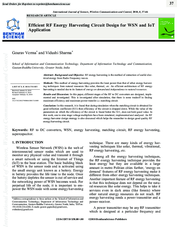 Pdf Efficient Rf Energy Harvesting Circuit Design For Wsn And Iot Application Dr Gourav