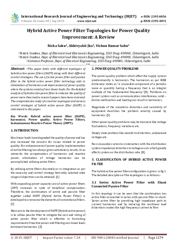Pdf Hybrid Active Power Filter Topologies For Power Quality Improvement A Review Richa Sahu