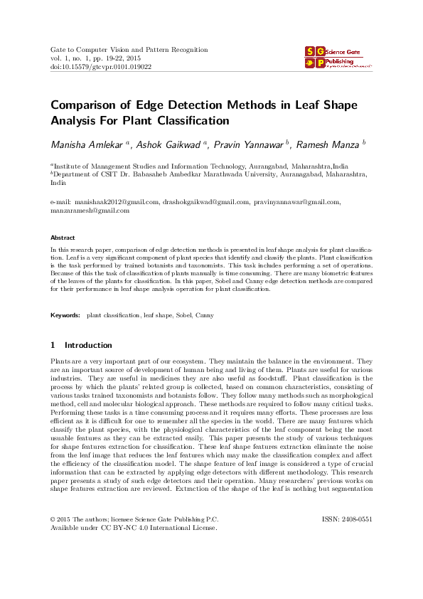 (PDF) Comparison of Edge Detection Methods in Leaf Shape Analysis For Plant Classification