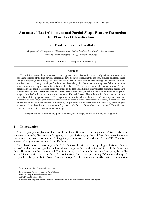 Pdf Leaf Shape Extraction For Plant Classification