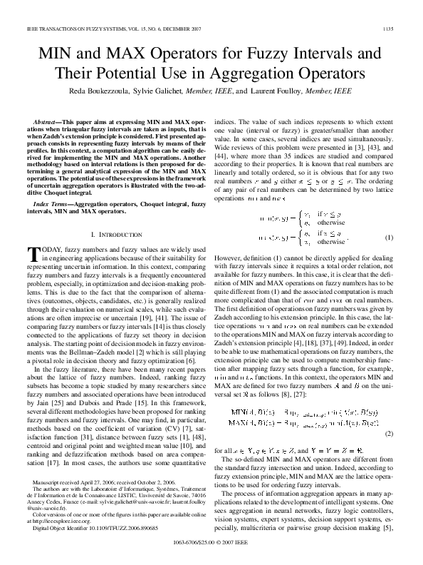 Pdf Min And Max Operators For Fuzzy Intervals And Their Potential Use In Aggregation Operators