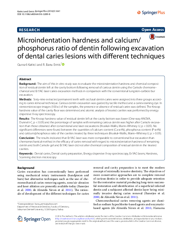 (PDF) Microindentation hardness and calcium/phosphorus ratio of dentin following excavation of ...