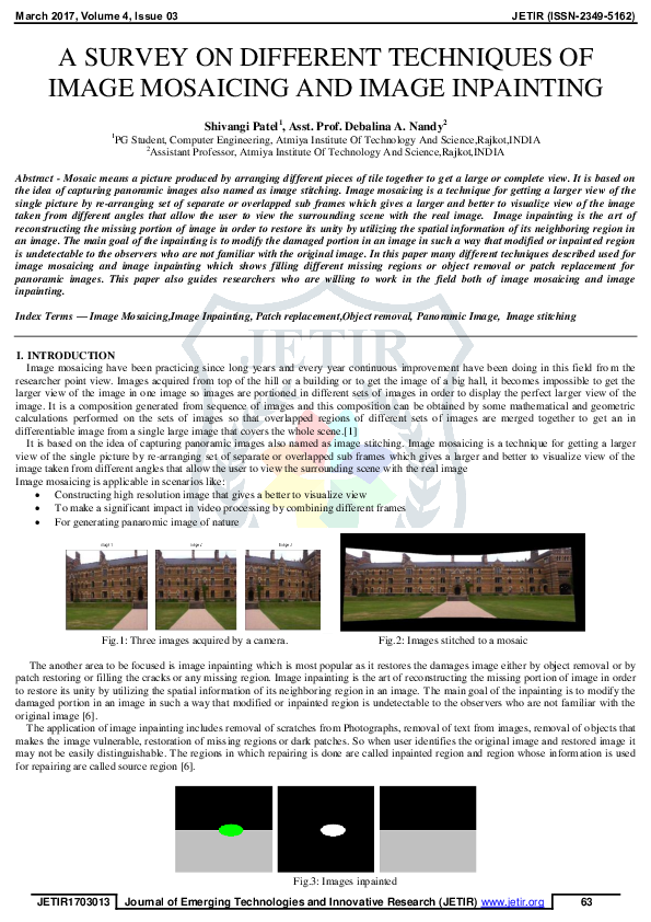 (PDF) A Survey On Different Techniques Of Image Mosaicing And Image Inpainting