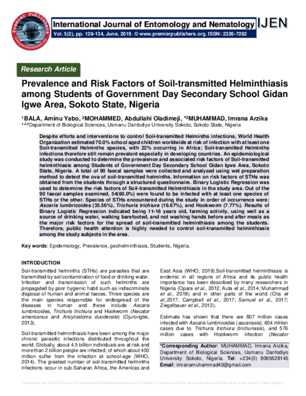 (PDF) Prevalence and Risk Factors of Soil-transmitted Helminthiasis among Students of Government ...