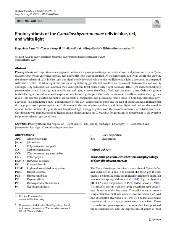 (PDF) Photosynthesis of the Cyanidioschyzon merolae cells in blue, red ...