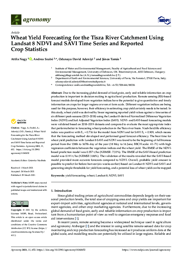 (PDF) Wheat Yield Forecasting for the Tisza River Catchment Using Landsat 8 NDVI and SAVI Time ...