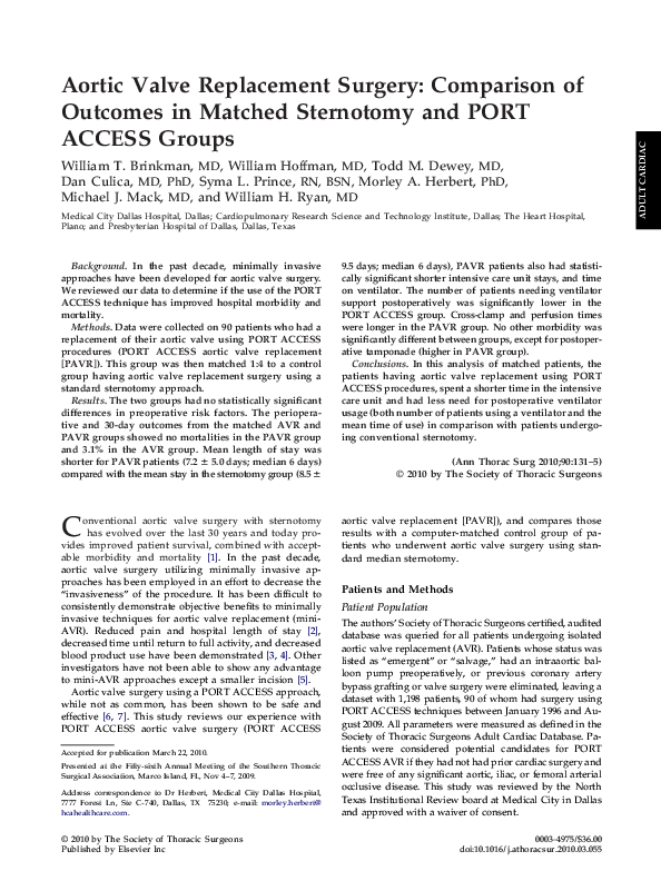 (PDF) Aortic Valve Replacement Surgery: Comparison of Outcomes in ...