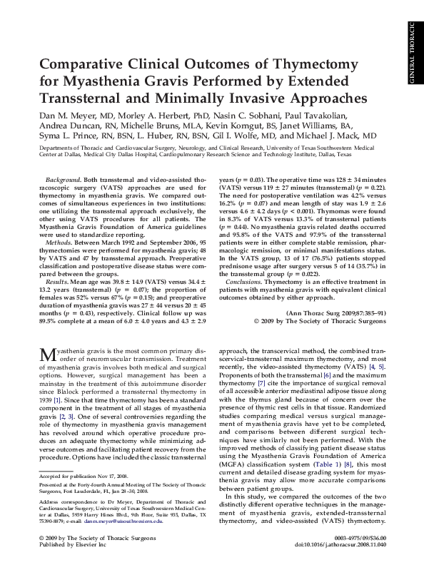 (PDF) Comparative Clinical Outcomes of Thymectomy for Myasthenia Gravis Performed by Extended ...
