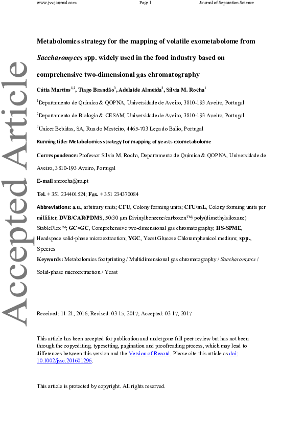 Pdf Metabolomics Strategy For The Mapping Of Volatile Exometabolome From Saccharomyces Spp