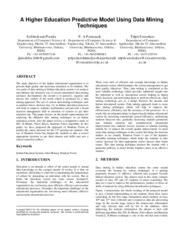 Pdf A Higher Education Predictive Model Using Data Mining Techniques 7999