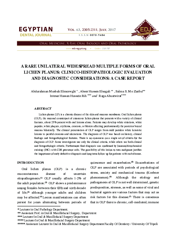 (PDF) A rare unilateral widespread multiple forms of oral lichen planus: clinico-histopathologic ...