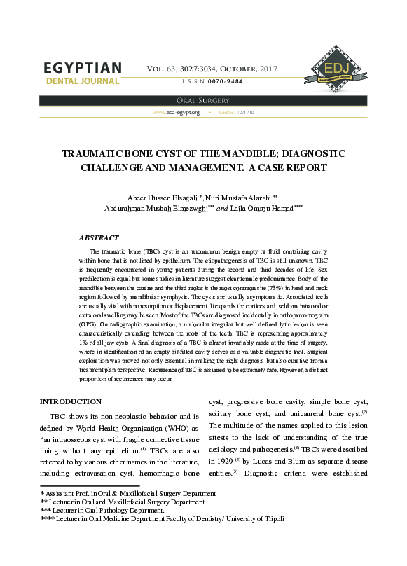 (PDF) Traumatic Bone Cyst of the Mandible; Diagnostic Challenge and ...