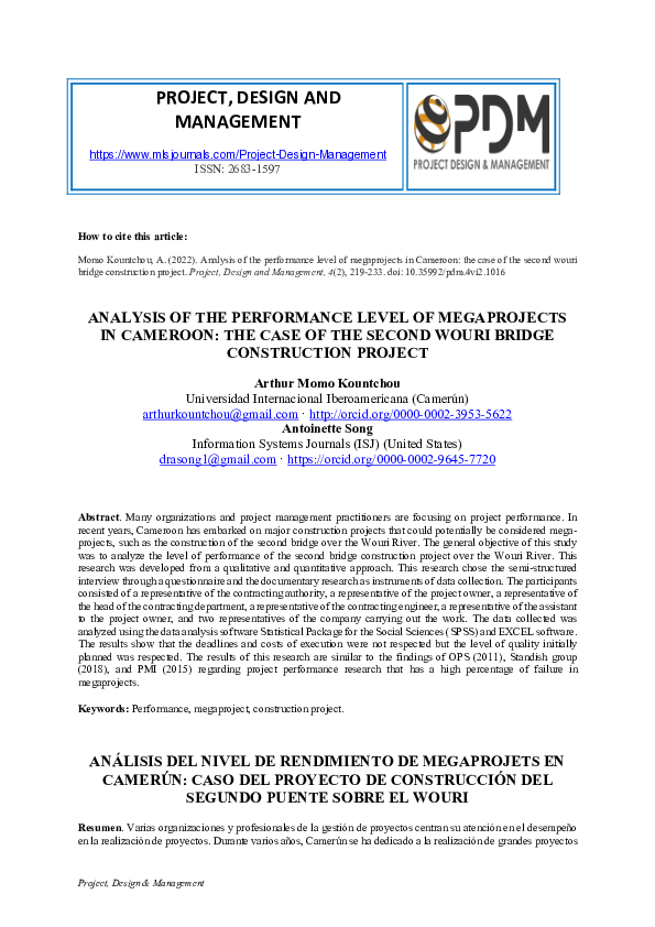 (PDF) Analysis of the performance level of megaprojects in Cameroon ...
