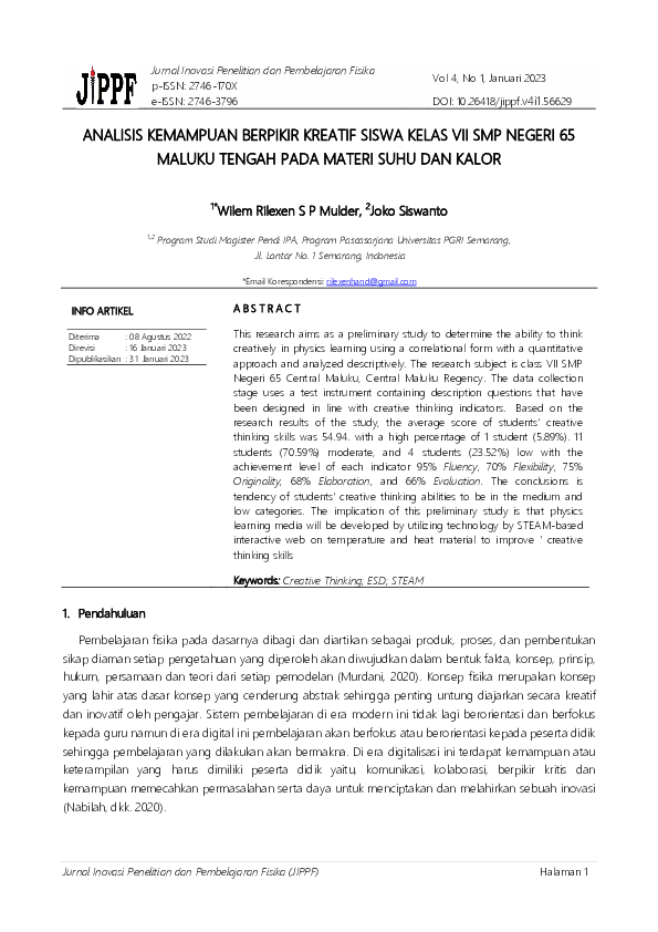 (PDF) Analisis Kemampuan Berpikir Kreatif Siswa Kelas VII SMP Negeri 65 Maluku Tengah Pada ...