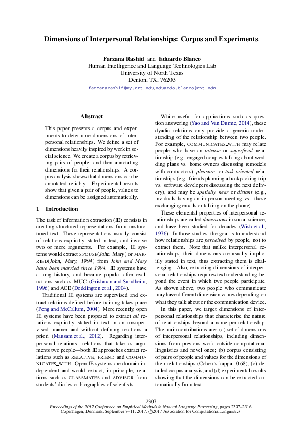 (PDF) Dimensions of Interpersonal Relationships: Corpus and Experiments