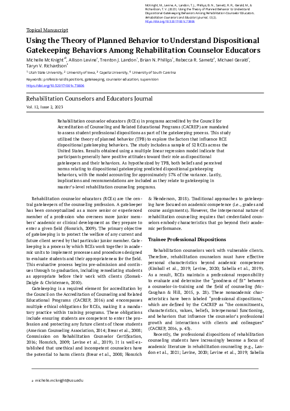 (PDF) Using the Theory of Planned Behavior to Understand Dispositional Gatekeeping Behaviors ...