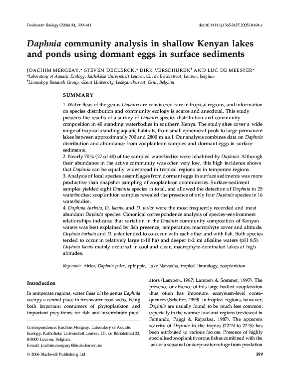 (PDF) Daphnia community analysis in shallow Kenyan lakes and ponds using dormant eggs in surface ...