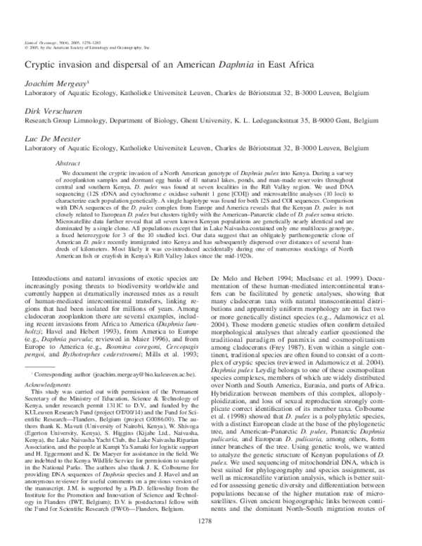 (PDF) Cryptic invasion and dispersal of an American Daphnia in East Africa