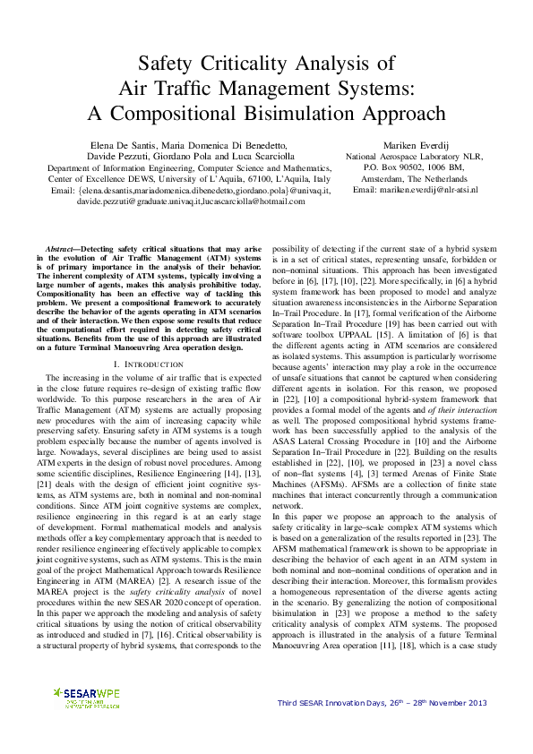 (PDF) Safety criticality analysis of air traffic management systems: a ...