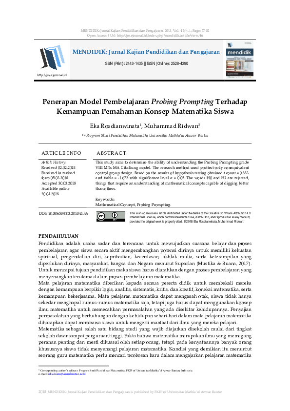 (PDF) Penerapan Model Pembelajaran Probing Prompting Terhadap Kemampuan Pemahaman Konsep ...