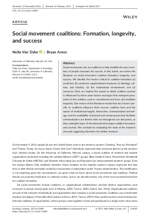 (PDF) Social movement coalitions: Formation, longevity, and success