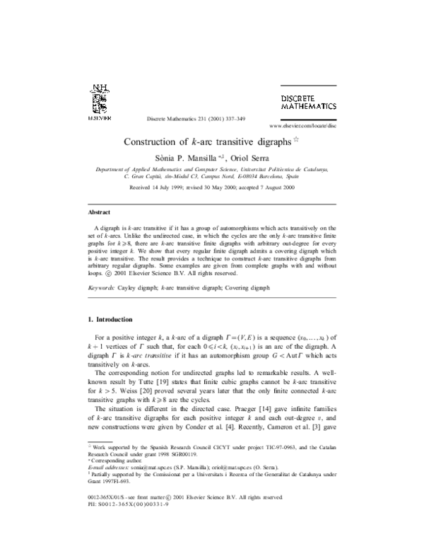 (PDF) Construction of k-arc transitive digraphs