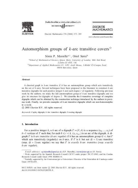 (PDF) Automorphism groups of k-arc transitive covers | Sonia Mansilla - Academia.edu