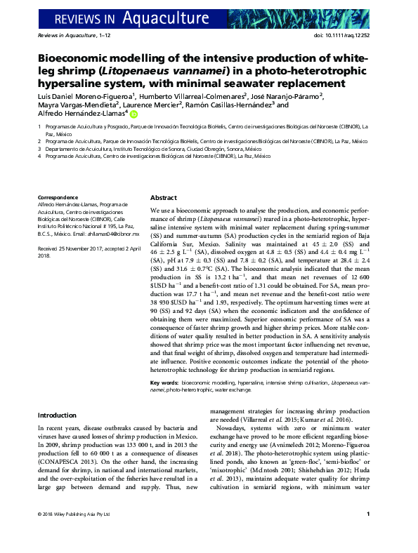 (PDF) Bioeconomic modelling of the intensive production of white-leg shrimp ( Litopenaeus ...