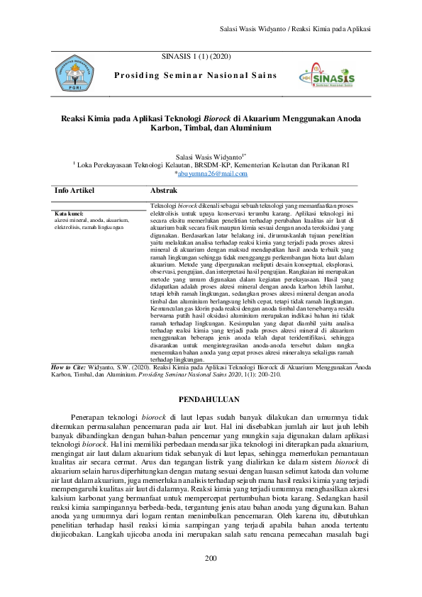 (PDF) Reaksi Kimia pada Aplikasi Teknologi Biorock di Akuarium ...