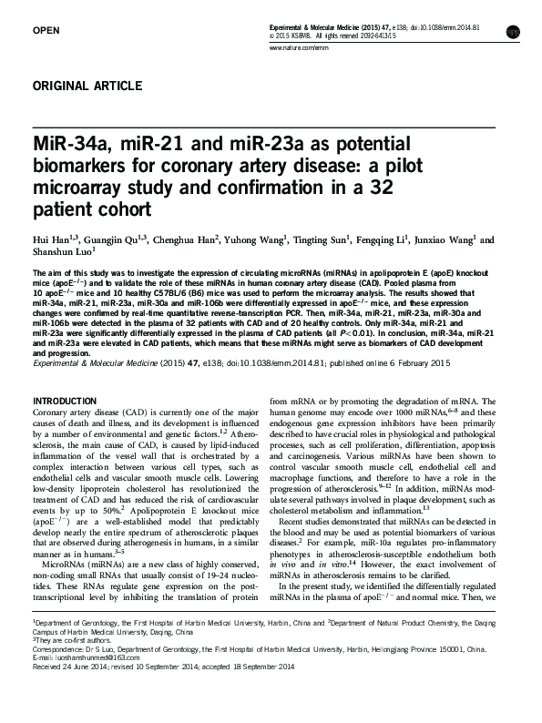 (PDF) MiR-34a, miR-21 and miR-23a as potential biomarkers for coronary ...