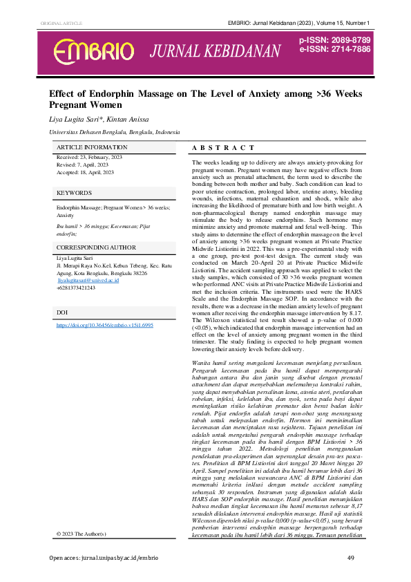 (PDF) Effect of Endorphin Massage on The Level of Anxiety among >36 Weeks Pregnant Women