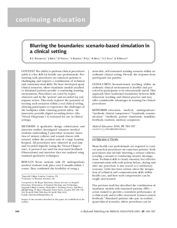 (PDF) Blurring the boundaries: scenario-based simulation in a clinical setting | Benny Lo ...
