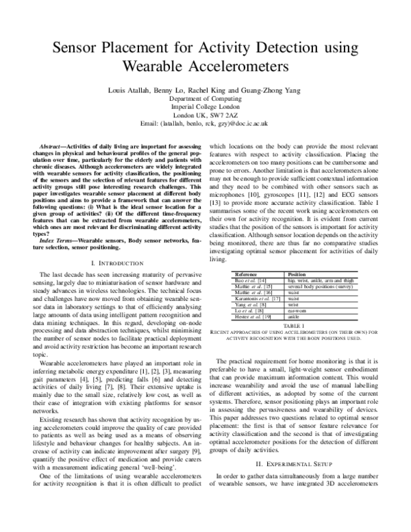 (PDF) Sensor Placement for Activity Detection Using Wearable Accelerometers