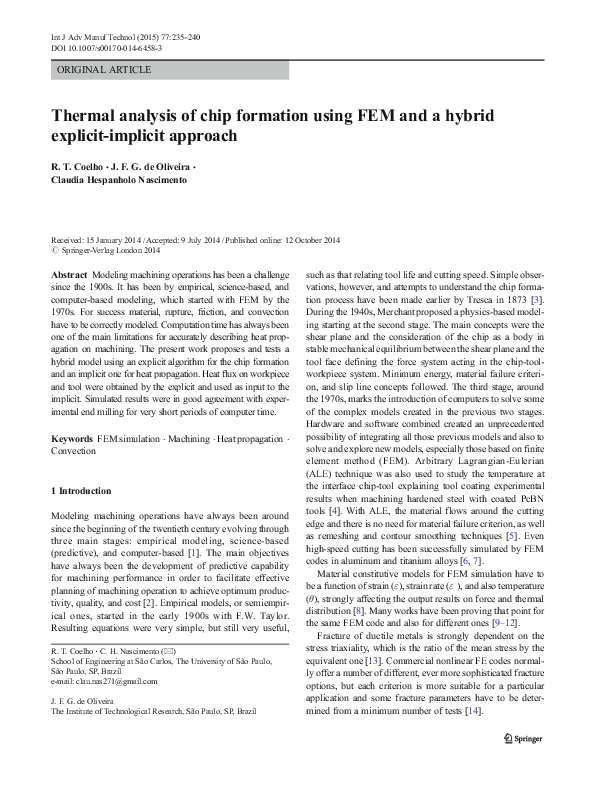 (PDF) Thermal analysis of chip formation using FEM and a hybrid ...