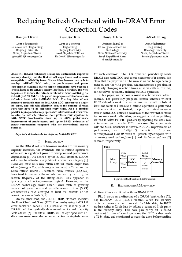 Pdf Reducing Refresh Overhead With In Dram Error Correction Codes