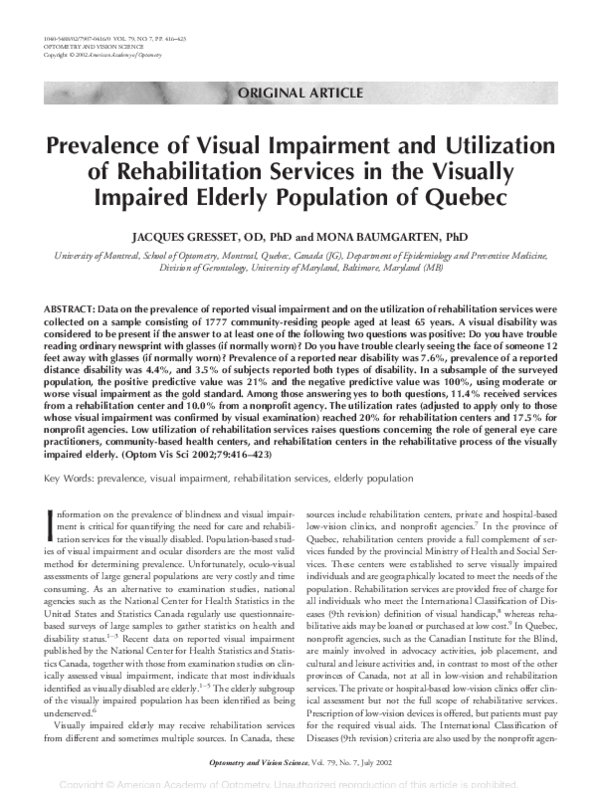 (PDF) Prevalence of Visual Impairment and Utilization of Rehabilitation Services in the Visually ...