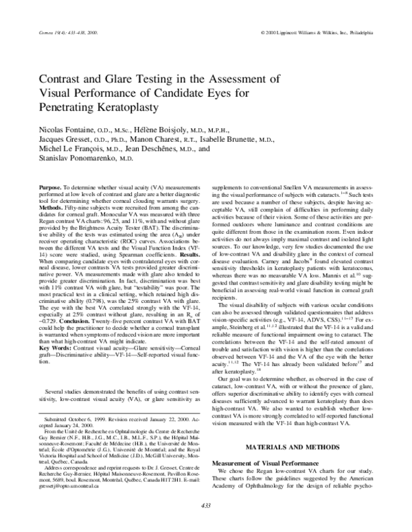 Contrast and Glare Testing in the Assessment of Visual Performance of ...