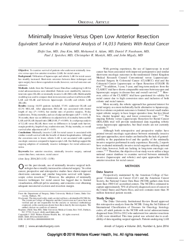 (PDF) Minimally Invasive Versus Open Low Anterior Resection