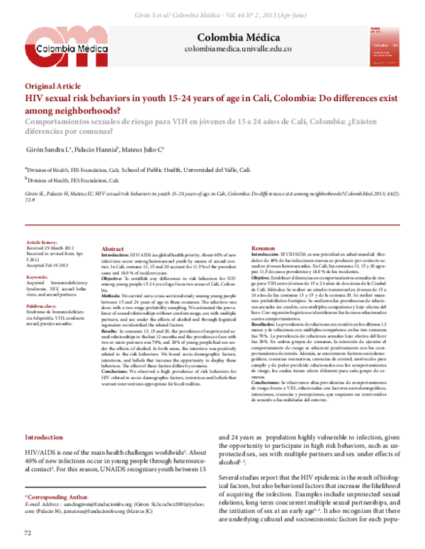 Pdf Hiv Sexual Risk Behaviors In Youth 15 24 Years Of Age In Cali 0910