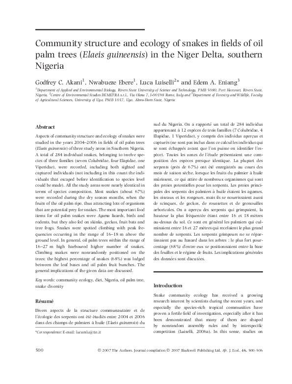 (PDF) Community structure and ecology of snakes in fields of oil palm ...