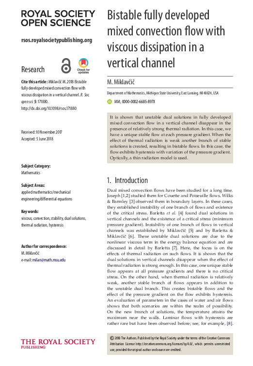 (PDF) Bistable fully developed mixed convection flow with viscous dissipation in a vertical channel
