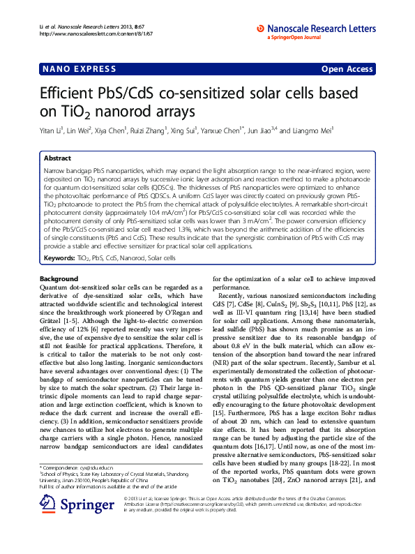 (PDF) Efficient PbS/CdS co-sensitized solar cells based on TiO2 nanorod arrays