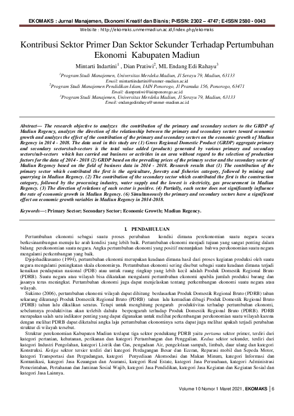 (PDF) Kontribusi Sektor Primer Dan Sektor Sekunder Terhadap Pertumbuhan ...