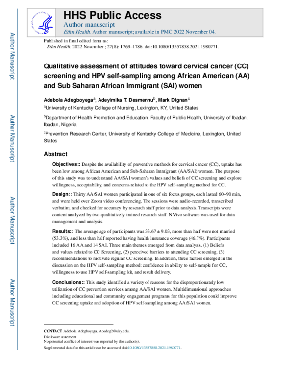 (PDF) Qualitative assessment of attitudes toward cervical cancer (CC ...